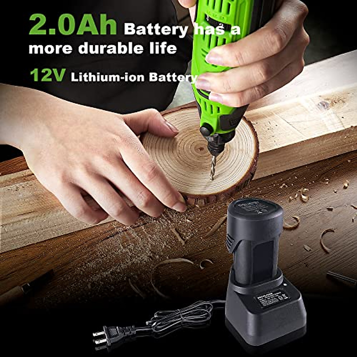 PHALANX 12V Cordless Rotary Tool Kit with Keyless Chuck, 6-Speeds 5000-32000RPM, 119 Accessories with Flex Shaft, Idea for Cutting, Grinding, Wood Carving- Include 2.0AH Battery, Charger