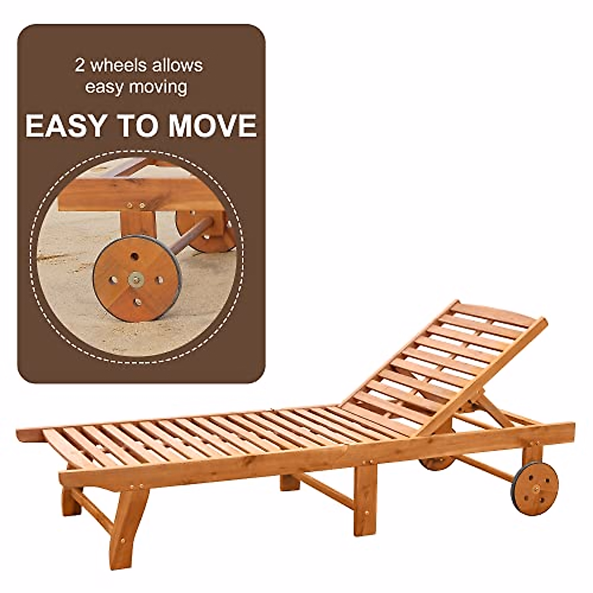 Outsunny Outdoor Folding Chaise Lounge Chair Recliner with Wheels, Acacia Wood Frame - Teak Color