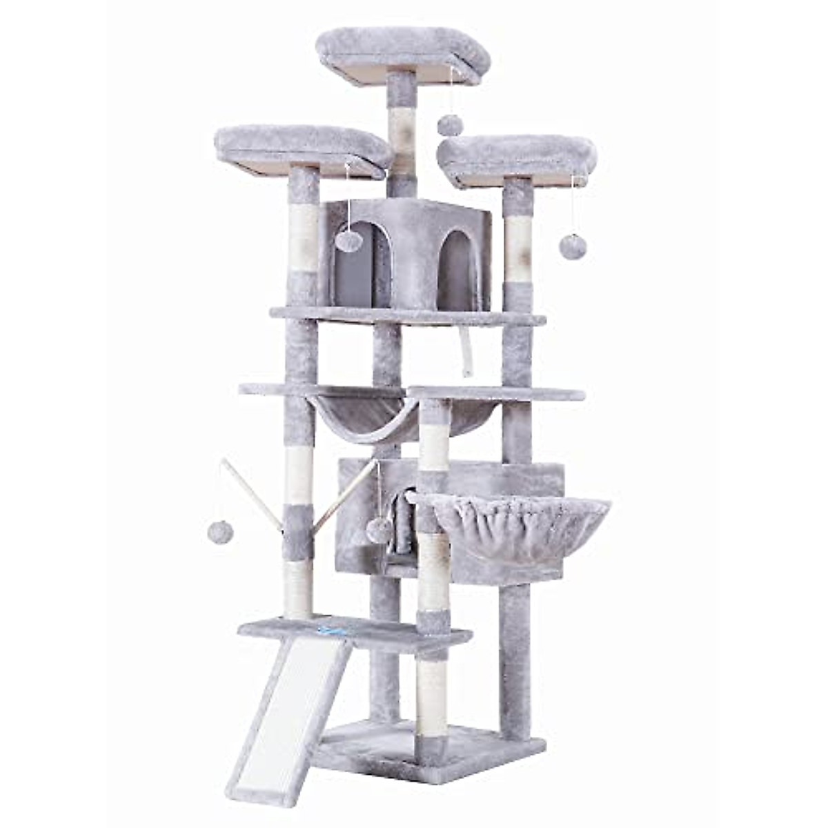 Hey-brother Cat Tree, 71 inches XL Large Cat Tower for Indoor Cats, Multi-Level Cat House with 3 Padded Perches, Big Scratcher, Cozy Basket, 2 Cat Condos and Scratching Posts, Light Gray MPJ034W