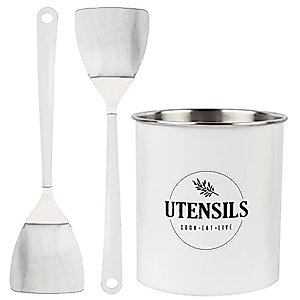 Stainless Steel Utensil Holder with 2 pc Set of Turners -White Crock Caddy for Large Utensil Holder for Kitchen Counter.