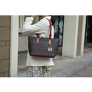 MKF Tote Shoulder Bag, Satchel Handbag for Women Set PU Leather Top Handle Purse, Gold-Tone Hardware Burgundy