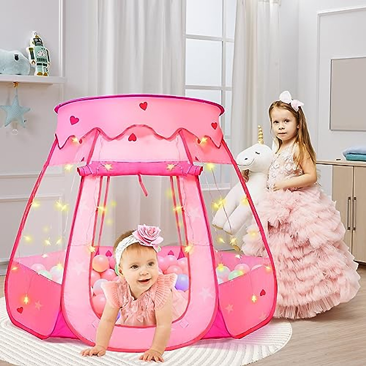 TooyBing Pop Up Princess Tent with Star Light, Toys for 1 2 3 Year Old Girl Birthday Gift, Ball Pit for Baby 12-18 Month, Foldable Kids Play Tent for Toddler 1-3, One Year Old Girl Toy Indoor Outdoor