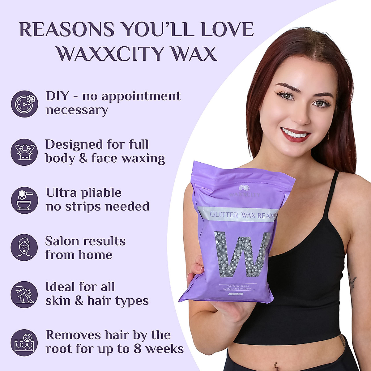 Hard Wax Beads, Waxxcity 1lb Glitter Grey Hair Removal Wax for Sensitive Skin, Specific for Facial Finer Softer Hair, At Home Waxing Beads Large Wax Beans Refill for Women Men