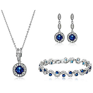 Crystalline Azuria Round Blue Simulated Sapphire Zirconia Crystals Set Pendant Necklace 18 inches Earrings Bracelet 18K White Gold Plated for Women