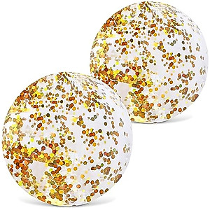 AMOR PRESENT 2PCS Inflatable Beach Balls, Glitter Beach Ball 16 Inch Clear Inflatable Ball with Gold Confetti for Kids Birthday Summer Pool Party