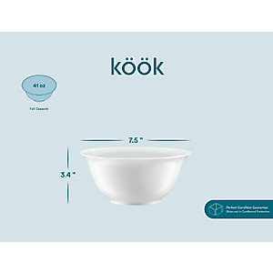 KooK 41 Oz Large Deep Bowls, Ceramic White Bowl for Noodle, Ramen, Pasta, Cereal, Fruit Porcelain kitchen, Microwave and Dishwasher Safe, 7.5 Inches, Set of 4,