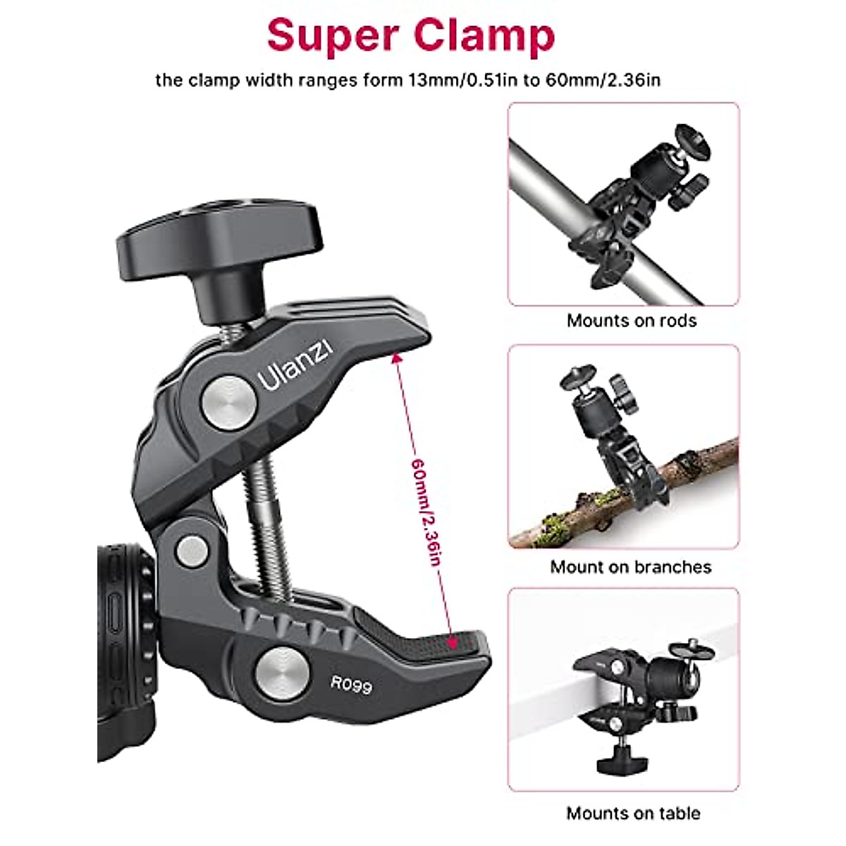 Camera Clamp Mount Accessories for Gopro - ULANZI R099 Super Clamp Ball Head Mount 1.5kg/3.3lb Loading Metal Bike Motorcycle Handlebar Attachments for DSLR Gopro Hero 5/6/7/8/9/10/11 Black/Insta 360