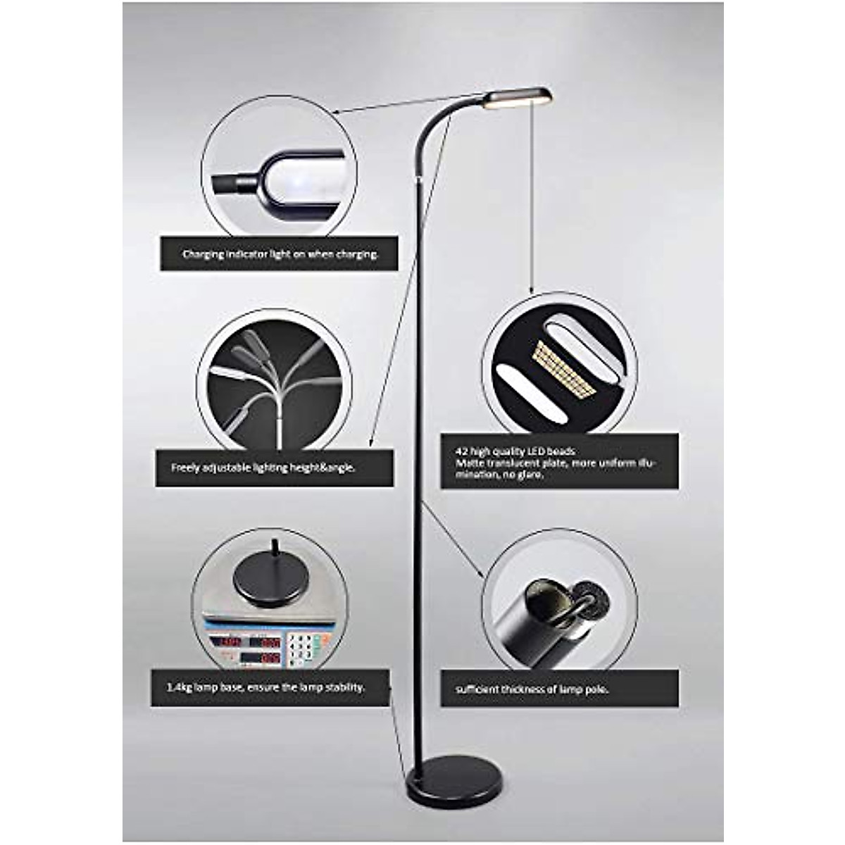 LIGHTACCENTS Lumos Cordless LED Floor Lamp Rechargeable Battery Operated Portable Dimmable Reading Light - Adjustable LED Light - Floor Lamp for Bedrooms- LED Light