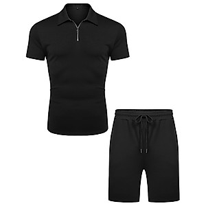 URRU Men's Short Sleeve Polo Shirts Sets Quarter-Zip Casual Slim Fit Lapel Collar Basic Designed Cotton Shirts Set Black M