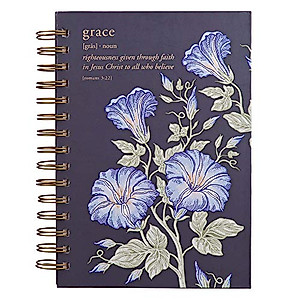 Christian Art Gifts Journal w/Scripture Grace Romans 3:22 Bible Verse Blue Floral 192 Ruled Pages, Large Hardcover Notebook, Wire Bound