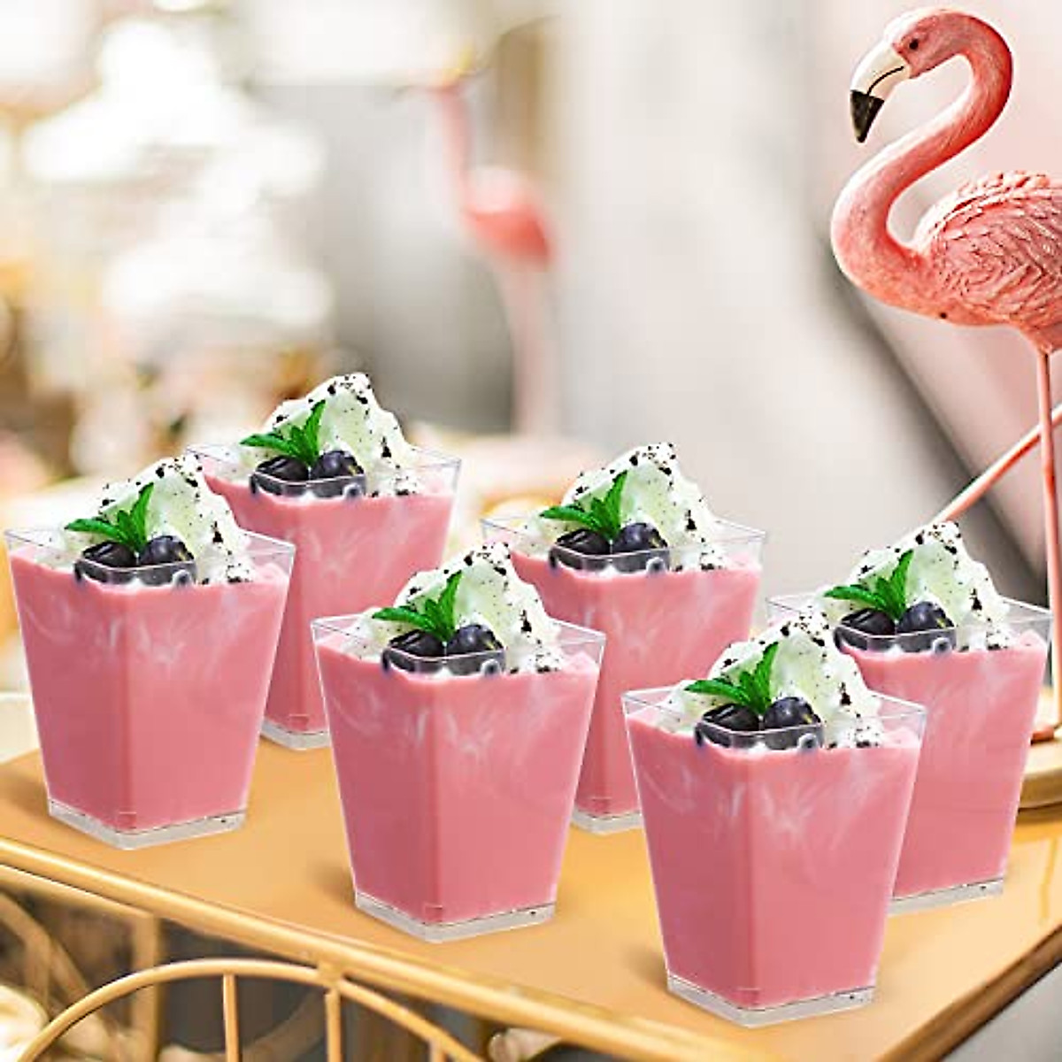 SHOPDAY 5oz Plastic Dessert Cups with Lids 100 Pack Small Clear Square Parfait Cups with Spoons, Mini Plastic Tumbler Serving Cups for Tasting Party Appetizers Mousse Yogurt