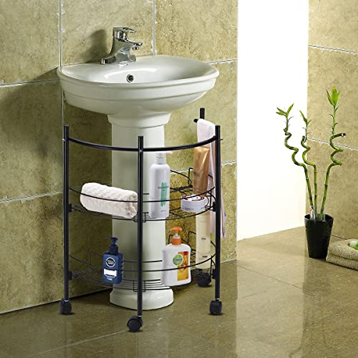 L&H Unico Pedestal Under the Sink Rack with 2 Storage Shelves Metal Bathroom Organizer with Wheels and Towel Holder, Black