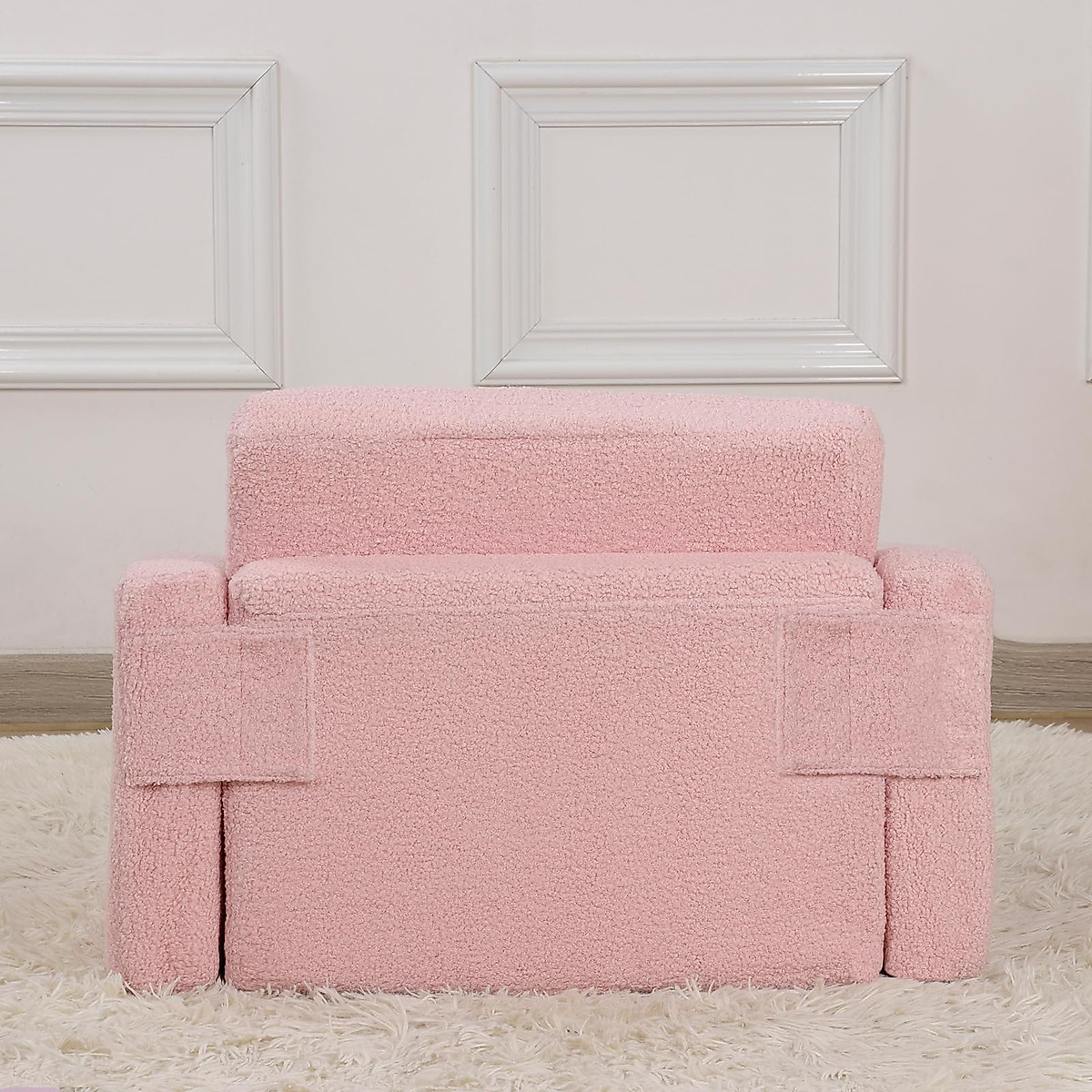 Flip Out Foam Kid Sofa Chair,2 in 1 Convertible Sofa to Lounger for Childrens up to 3 Years,Sherpa Flip Open Toddler Sofa Couch for Kid Play， for Baby Gifts (22.04" W) (Pink)