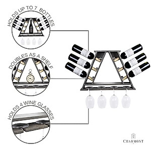 Charmont Wooden Rustic Wine Rack - Floating Triangle Wall Mounted Wine & Glass Holder - Perfect Wall Home Decor Bar, Kitchen Storage, Dining Room, Wedding Gift (Grey Holds 6 Bottles & 4 Stemware Cups)