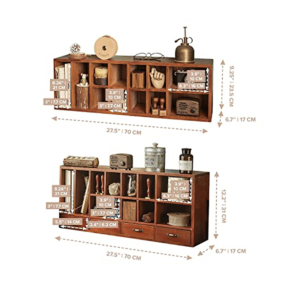 Wood Cabinet Floating Shelves (Set of 2) - Includes 1 Cubby Shelf w/ 12 Slots & 4 Drawers and 1 Wide Wooden Shelf - Stackable Farmhouse Decor Walnut Wood Cabinet - Total of 26 Compartments