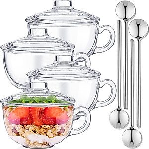 Didaey Set of 4 Glass Cereal Bowls Microwave Safe Glass Soup Bowls with Handle and Spoon Clear Oatmeal Bowl Mixing Ramen Pot Glass Coffee Mugs with Lids Milk Breakfast Bowls for Yogurt 20 Oz/ 600 ml