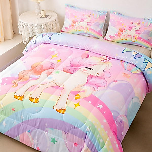 Feelyou Unicorn Girls Bedding Set Twin Rainbow Kids Pink Unicorn Comforter Set Kawaii Cute Reversible Stars Quilt Comforter Teens Children Adults Cartoon Unicorn Room Decor All Season
