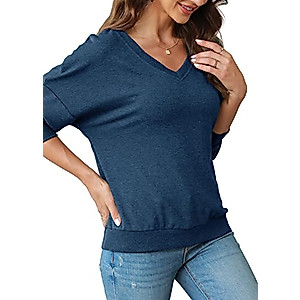 FMEYOA Womens V Neck Sweatshirts Long Sleeve Lightweight Loose Fall Basic Sweater Pullover Tops(Navy,Medium)