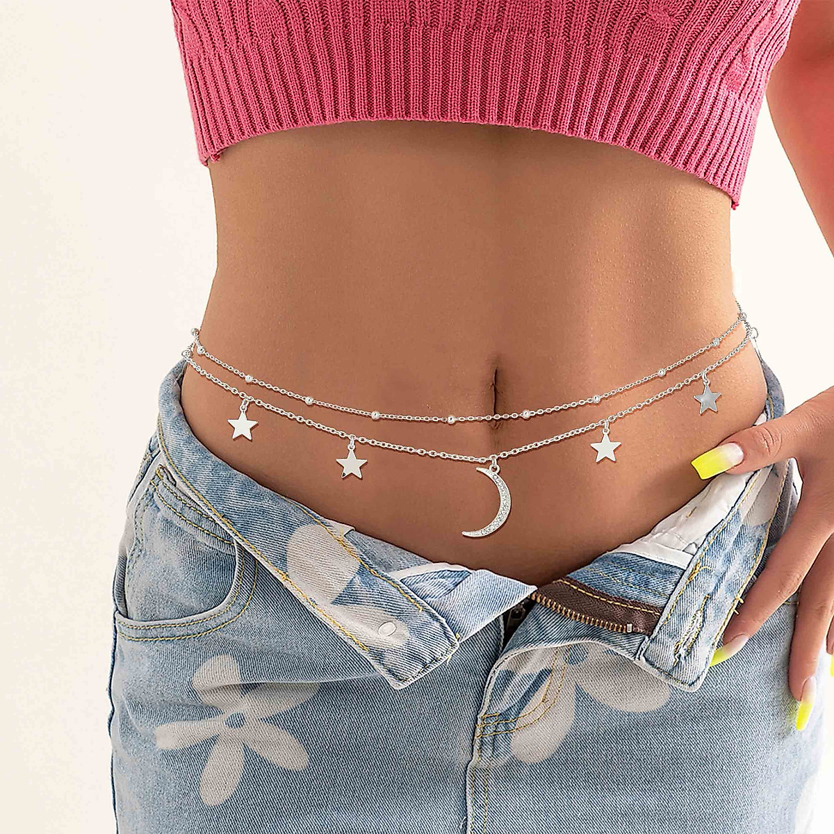 Wriidy Layered Moon Star Waist Chain Beads Silver Belly Chain Body Chains Jewelry Accessories for Women