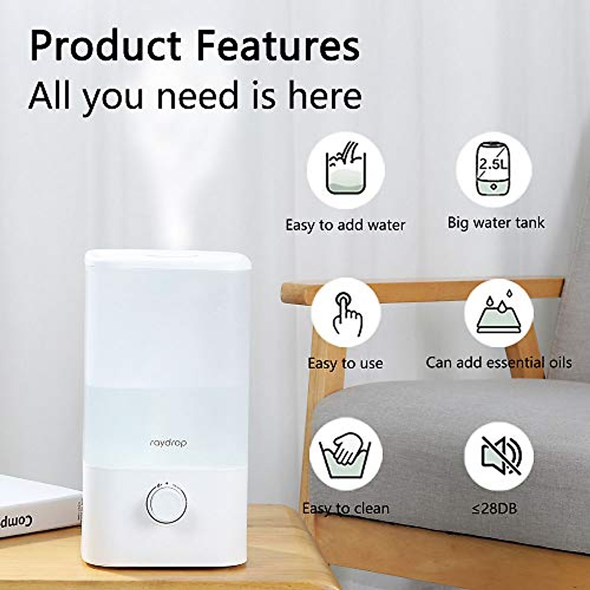 raydrop Cool Mist Humidifier, 2.5L Essential Oil Diffuser for Bedroom Nursery,Home and Office, Adjustable Mist,Auto Shut-Off, Easy to Clean,Dial Knob