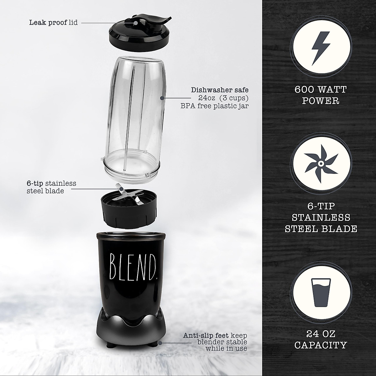 Rae Dunn Personal Blender 600W | 24oz Capacity | BPA-Free Jar | Crushes Ice | Leak-Proof | Anti-Slip Feet | Dishwasher Safe, Black