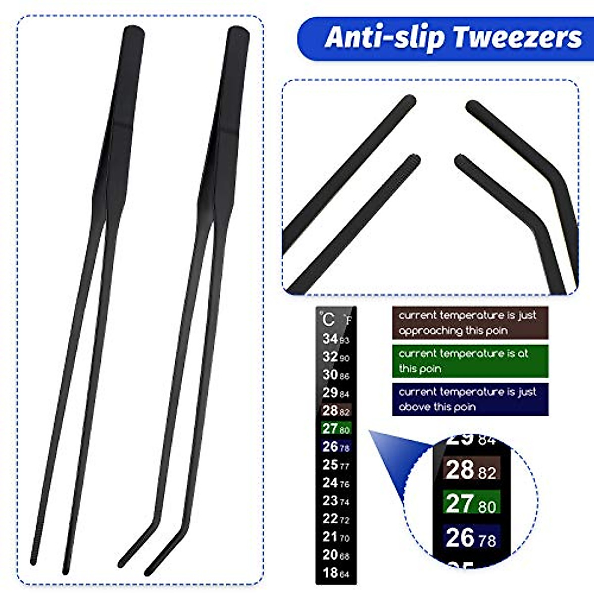 6 Pieces Coral Feeder Set 30 cm and 35 cm Long Acrylic Marine Fish Reef Feeding Tube and Stainless Steel Straight and Curved Tweezers with Tool Holder and Aquarium Thermometer Sticker for Aquarium Pet