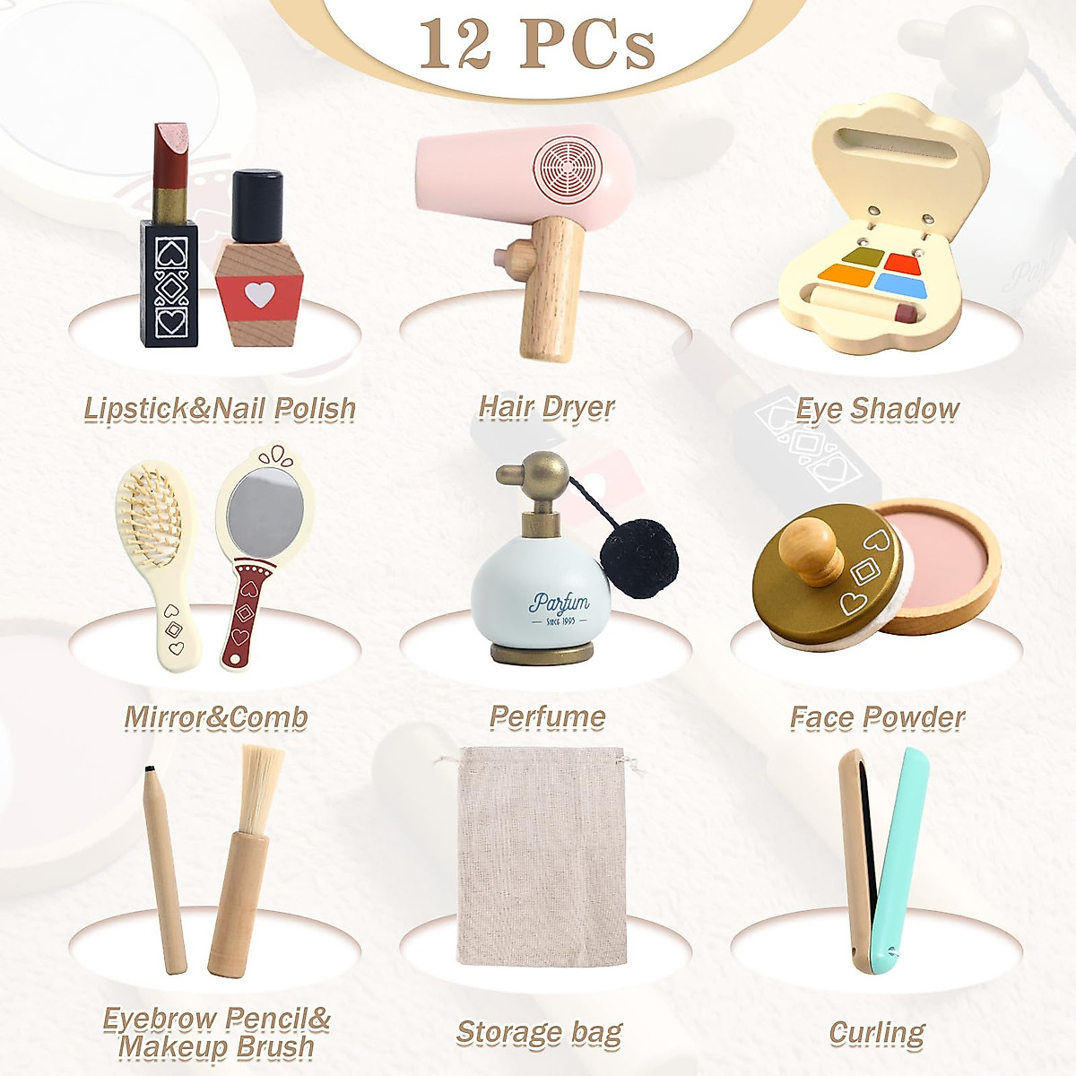 OESSUF Kids Makeup Kit for Girl, Wooden Makeup Toy Set for Toddlers, Pretend Wood Beauty Salon Toys Set for Kid Children Princess, Christmas Birthday Gift Toy for 3 4 5 6 7 8 9 10 Year Old