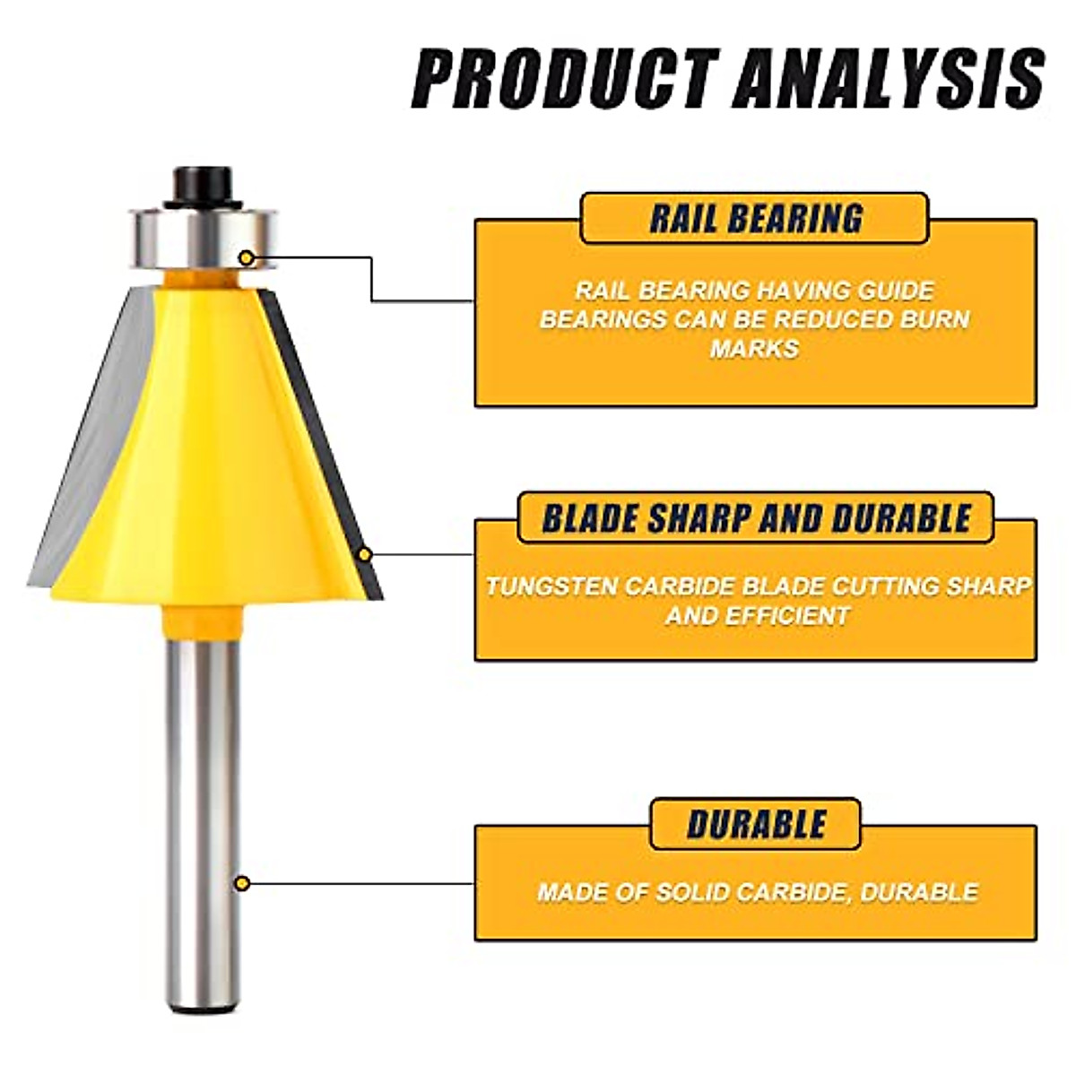 MEIGGTOOL 3Pcs Chamfer Router Bit Set, 1/4-Inch Shank Round Nose, Cutting Angle: 15, 22.5, 30 Degree, 1 Inch Cutting Length
