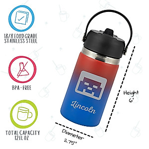 Personalized Water Bottle For Kids - Small 12oz BPA Free Custom Insulated Stainless Steel Bottle for School w/Name for Girl or Boy - w/Reusable Straw (Red/Blue)