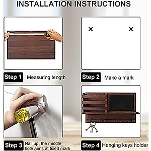 Megadream Key Holder for Wall, Front Door Organizer Wooden Mail Letter Holder Box, Key Ring Holder for Wall with Chalkboard, 4 Double Key|Coat|Bag Hooks