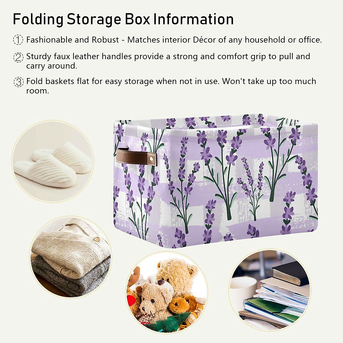 Purple Lavender Stripes Storage Baskets Large Foldable Storage Bin Canvas Toys Box Fabric Decorative Collapsible Organizer Bag with Handles 2 Pcs