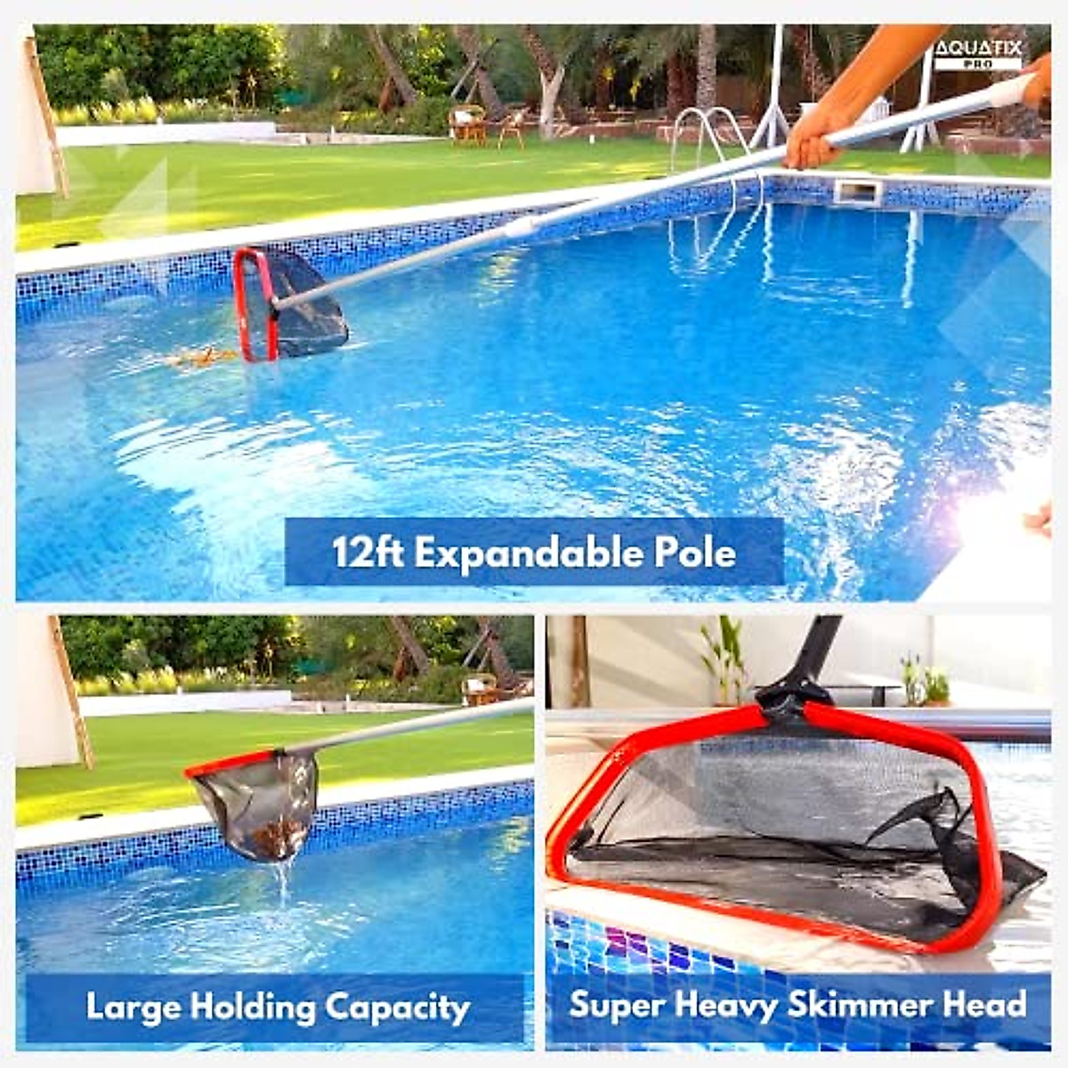 Aquatix Pro Pool Skimmer Commercial Grade with 4-12 feet 1.1mm Thick Silver Telescopic Pole & EZ Clips for Above Ground & Inground Swimming Pools, Fine Mesh Bag Removes All Debris!