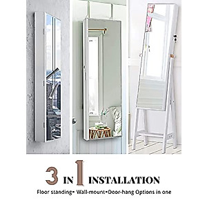 LUXFURNI Mirror Jewelry Cabinet Armoire with 3-Way Mount, Standing, Wall or Door Mounted, Jewelry Organizer with Full-Length Mirror, Lockable, Large Storage, White