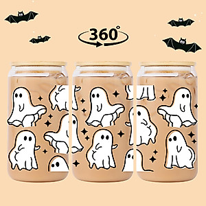 Lovearth Halloween Ghost Glass Tumbler, Cute Halloween Glass Cup with Lid and Straw, 16oz Iced Coffee Cup, Spooky Gifts, Boo Basket Stuffers for Women, Men, Teens, Gifts for Halloween Lovers