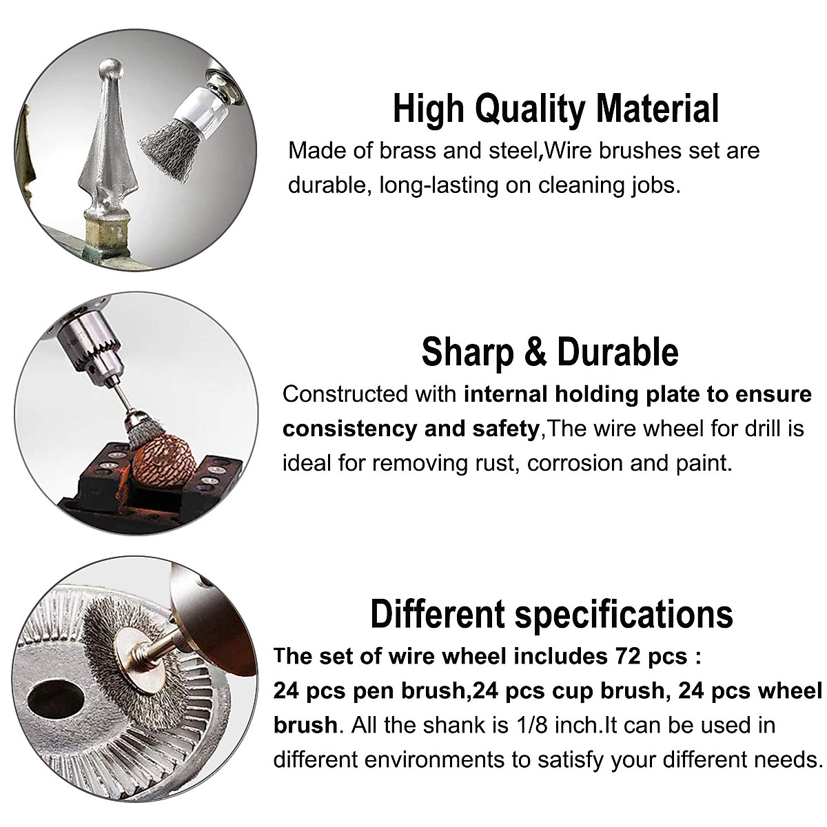 Rocaris 72 Pack Wire Wheel Brushes Set, Brass and Steel Wire Brush Set 1/8" Shank for Rotary Tools Accessories Polish Clean Tools