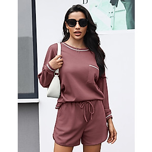 Andeip Lounge Set for Women Two Piece Long Sleeve Waffle Pjs Set Contrast Stitching Pajama Sets Red L