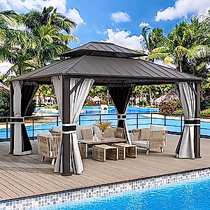 VONZOY 12' x 14' Hardtop Gazebo, Heavy Duty Double Roof Galvanized Steel Outdoor Metal Gazebo with Nettings & Curtains, Aluminum Gazebo with Vertical Stripes Roof for Patio, Backyard, Lawns [Grey]