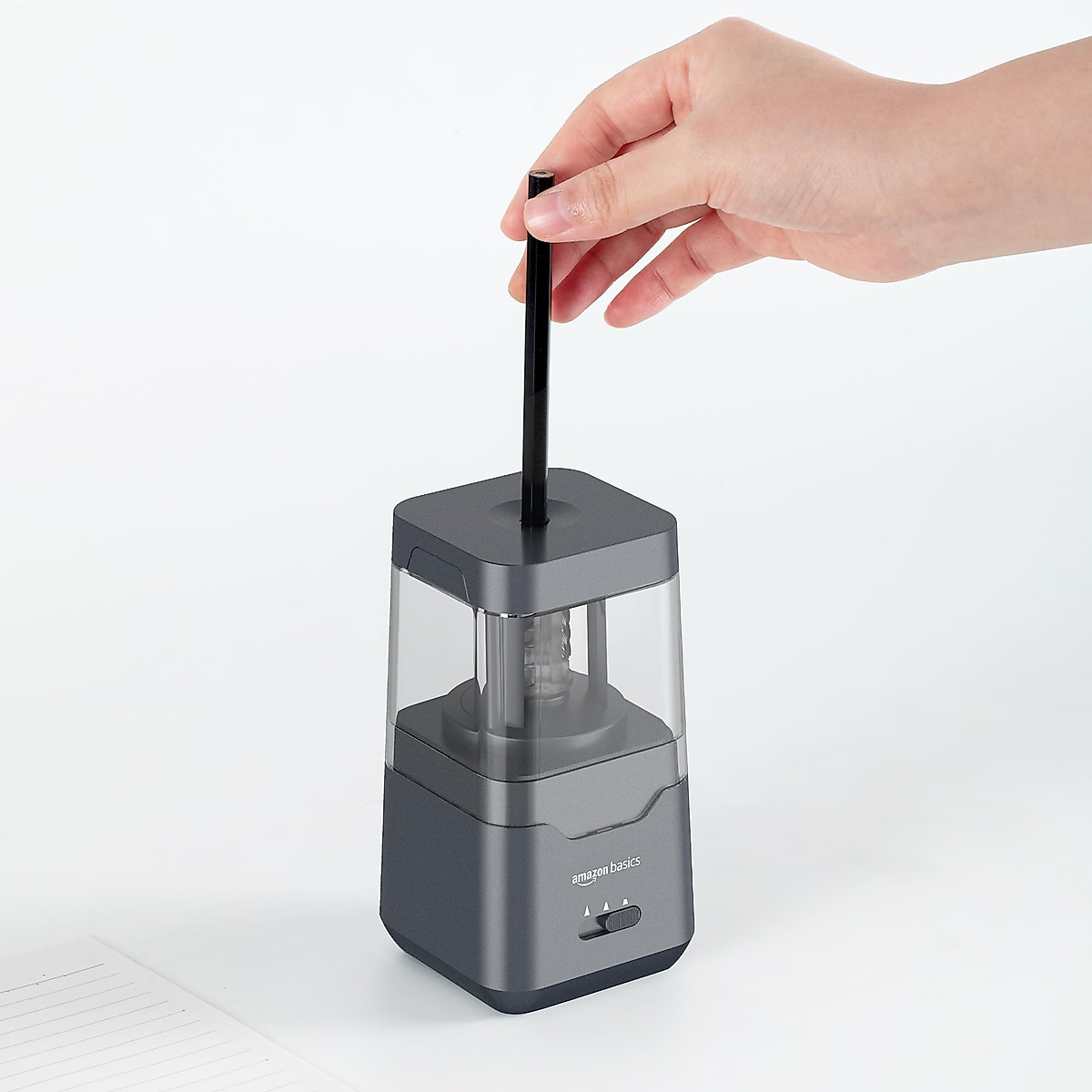 Amazon Basics Portable Electric Pencil Sharpener, Helical Blade, Auto Stop, Battery/USB Cord Operated