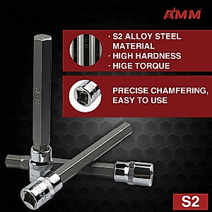 AMM 19-Piece 3/8 Inch Drive Extra Long Allen Hex Bit Socket Set, Standard SAE & Metric (1/8-Inch - 3/8-Inch, 3-12mm), S2 Alloy Steel, Durable Tool Accessories