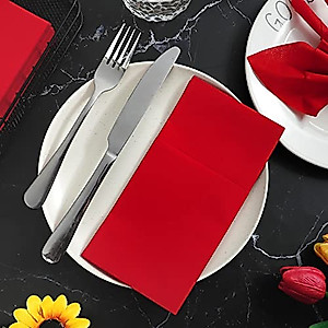 Linen-Feel Flame Red Paper Napkins, Cloth Like Dinner Napkins with Built-in Flatware Pocket, Pre-Folded Christmas Napkins Disposable Guest Paper Hand Towels for Kitchen, Events Party Napkins 50 Pack