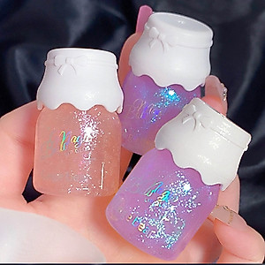 Ezyuanchly 2PACK Milk Jar Lip Gloss Moisturizing Lip Oil Gloss Transparent Plumping Lip Gloss For Dry Lip's Nourishing Mirror Water Light (Pink,Purple)