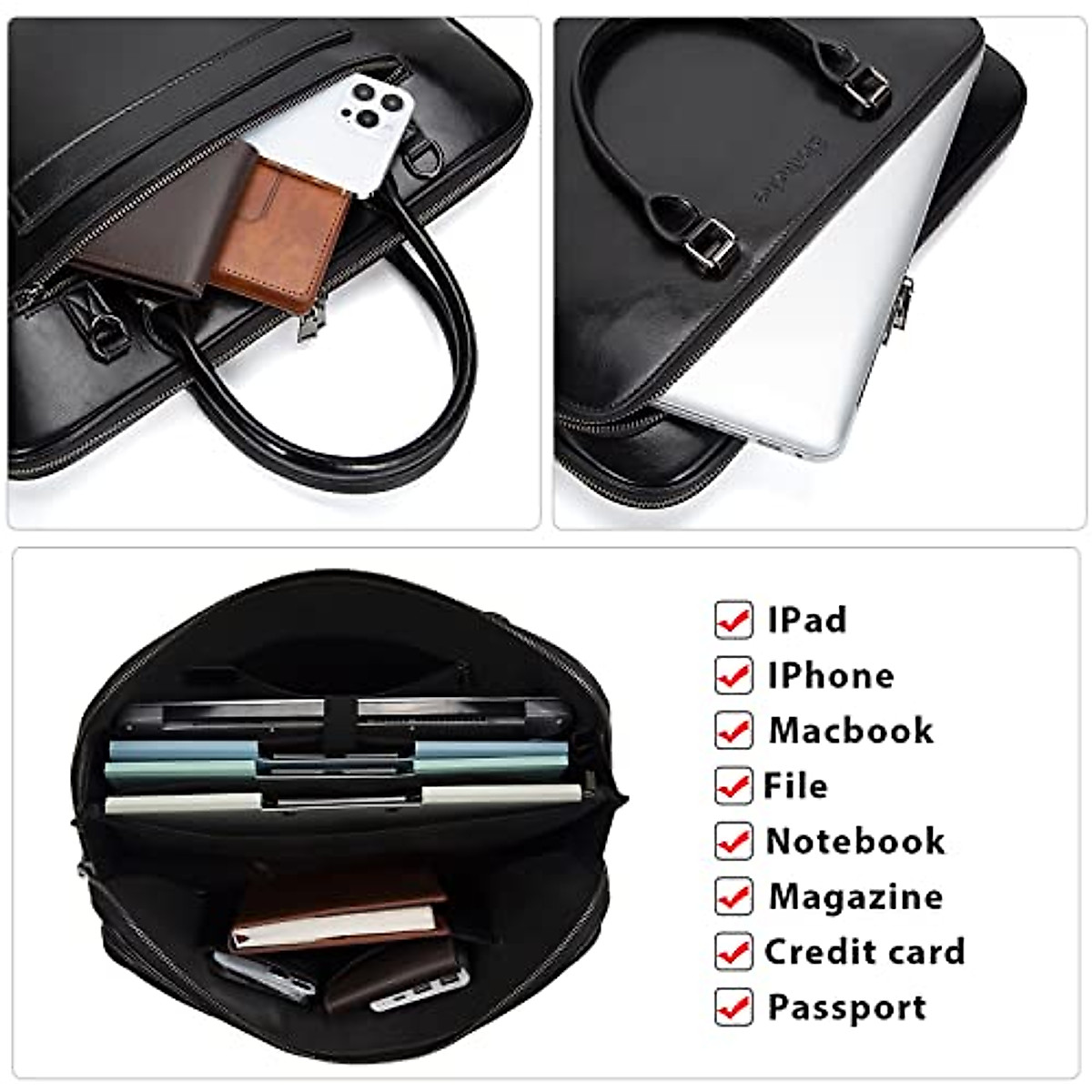 Laptop Messenger briefcase shoulder bag: Genuine Leather men 13 14 inch macbook case women work tote handbag Black