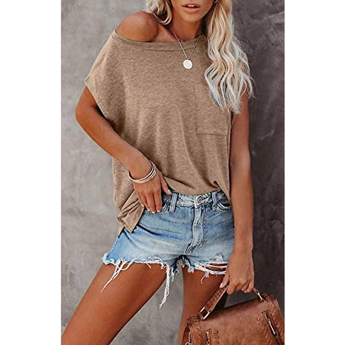 MIROL Women's Short Sleeve Tunic Tops 2023 Basic Loose T Shirts Solid Color Batwing Cap Sleeve Casual Tee Khaki