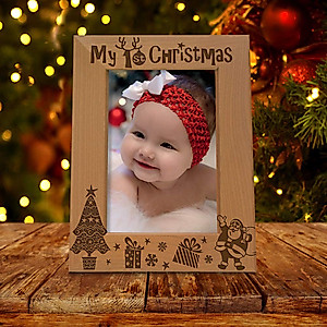KATE POSH My 1st Christmas Picture Frame, My First, Baby's 1st Christmas, New Baby, Santa & Me Engraved Natural Wood Photo Frame (5x7-Vertical - Classic)