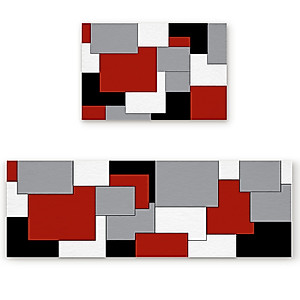 Geometry Abstract Art Kitchen Rugs Sets 2 Pcs Floor Mats White Grey Black Red Modern Art Geometric Doormat Non-Slip Rubber Backing Area Rugs Carpet Inside Door Mat Pad Sets,16"x 24"+16"x47"
