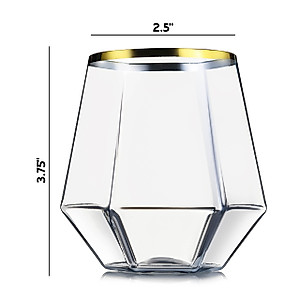 32 Pack Diamond Stemless Plastic Wine Glasses, 12 oz Unique Diamond Shape, Clear Gold Rim Glasses for Wine, Whiskey, Cocktails, Juice, Trendy & Modern Stemware, Food-Grade Disposable Drinkware