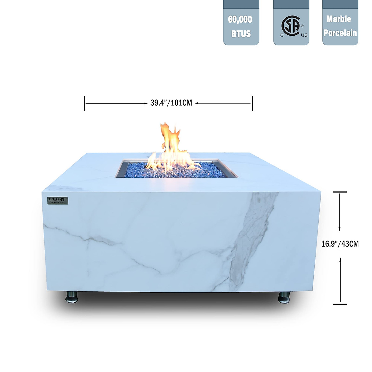 ELEMENTI Outdoor Fire Table Natural Gas 60,000 BTUs Firepit Patio Coffee Table, Backyard Fireplace Marble Porcelain Square Fire Pit, 17Inch-High,Bianco Series