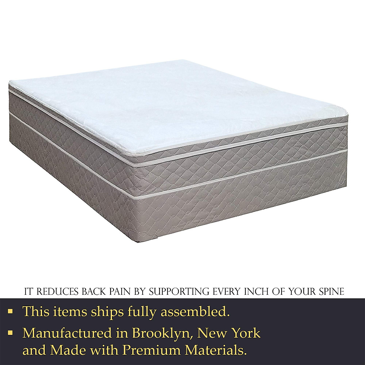 Mattress Solution Medium Plush Eurotop Pillowtop Innerspring Mattress and 8" Metal Boxspring/Foundation Set, with Frame, Queen Size, White and gold