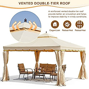 Erommy 10' x 12' Outdoor Canopy Gazebo, Double Roof Patio Gazebo Steel Frame with Netting and Shade Curtains for Garden, Patio, Party Canopy, Beige