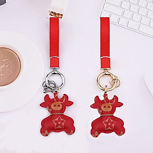 leather men and women general-purpose car keychain chain holders can be rotated 360 degrees, anti-lost D-rings, Orange + Gold Horseshoe Buckle,